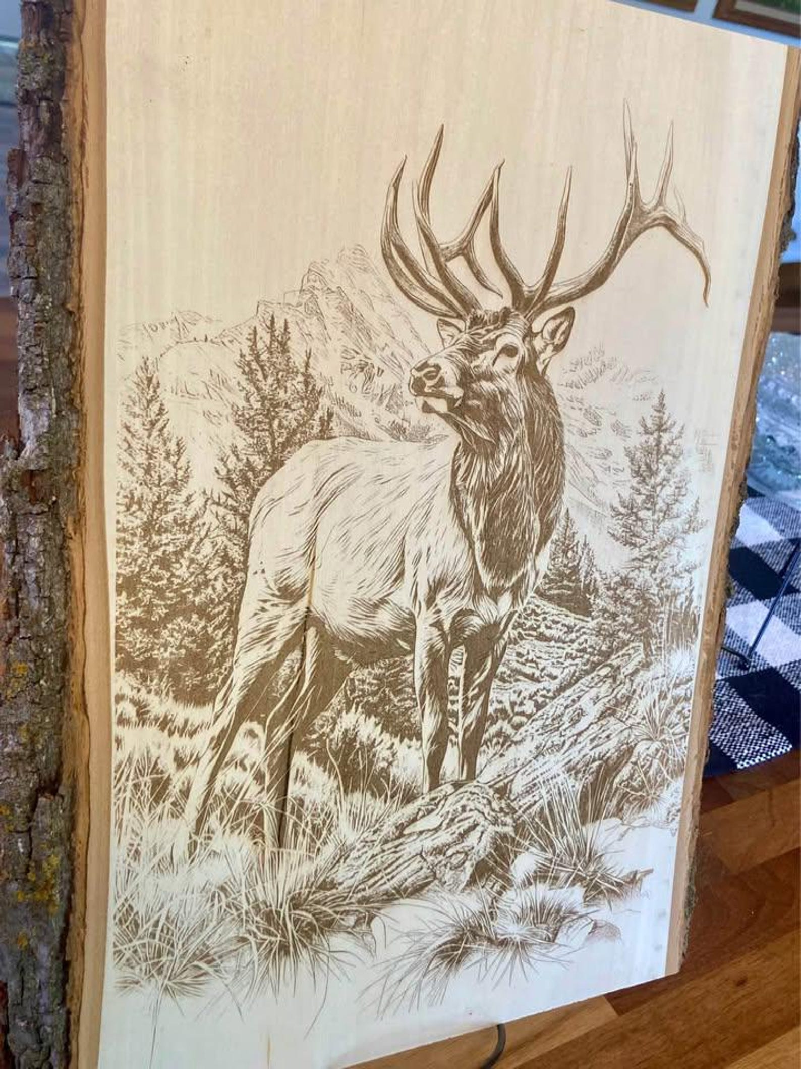 Bull Elk Engraving on Live Edge Wood Plank - Etsy
