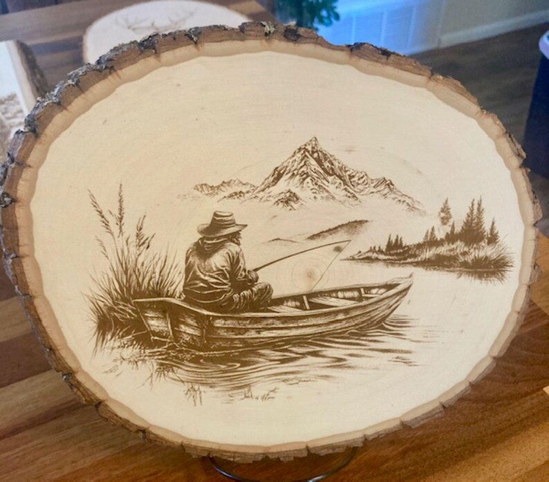 Laser Engraved Fisherman Scene: Live Edge Wood Round Wall Art - Etsy
