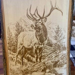 Bull Elk Engraving on Live Edge Wood Plank - Etsy