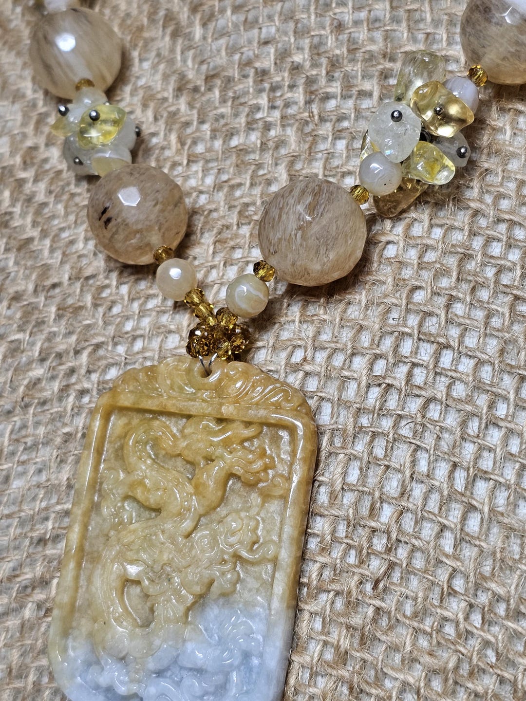 Carved Quartz Dragon Pendant Necklace, Faceted Citrine Beads, Sterling ...