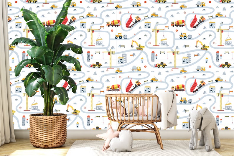 Construction Wallpaper Crane Fabric Kids Room Wallpaper Seamless Wall ...