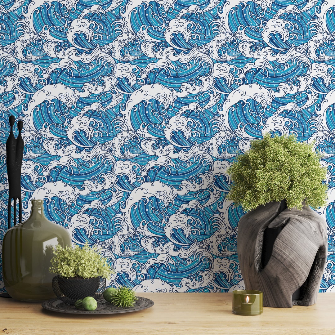 Wave Wallpaper Ocean Watercolor Wallpaper Sea Wall Decor Weave Wall ...