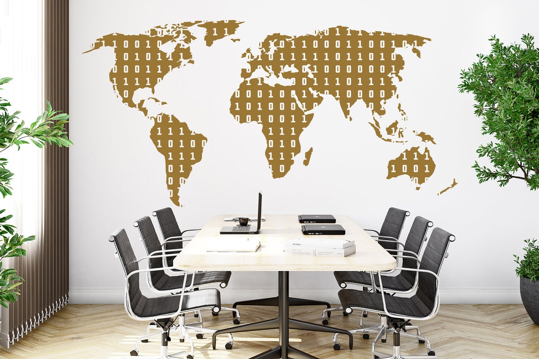 Binary Code Wall Decal, World Map Office Wall Art Decal, Technology ...