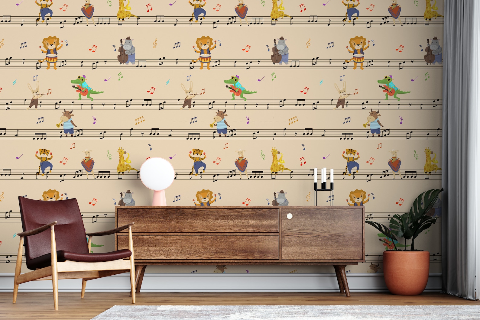 Music Notes Animals Musician Wallpaper Animals Fabric Safari Kids Room ...