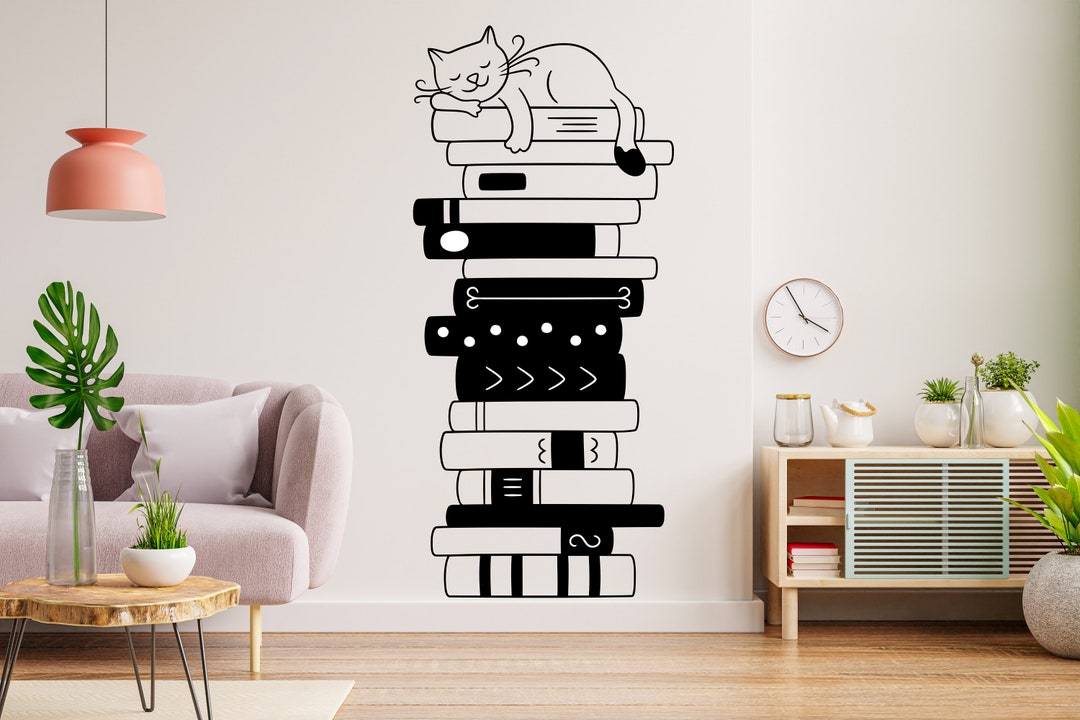 Book Wall Decor Book Wall Sticker Books Cat Wall Decal Reading Wall ...