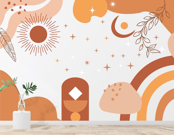 Boho Mural Wall Art Sun Rainbow Mid Century Boho Wall Decor | Etsy