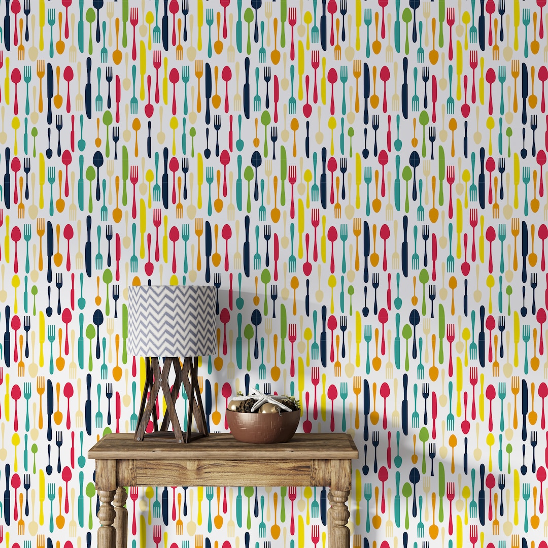 Kitchen Wallpaper Spoon Art Fabric Fork Wallpaper Restaurant Mid ...