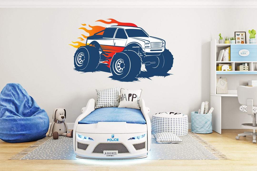 Monster Truck Wall Decal Extreme Vehicle Muscle Sticker Big Wheel Fire ...