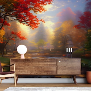 Autumn Forest Mountain Mural Wall Art - Mountain, Fall Forest Wall ...