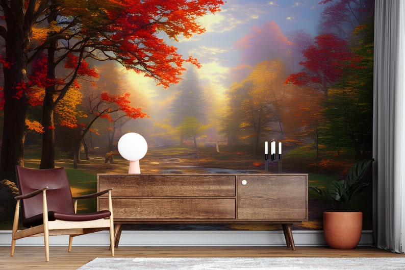 Autumn Forest Mountain Mural Wall Art - Mountain, Fall Forest Wall ...