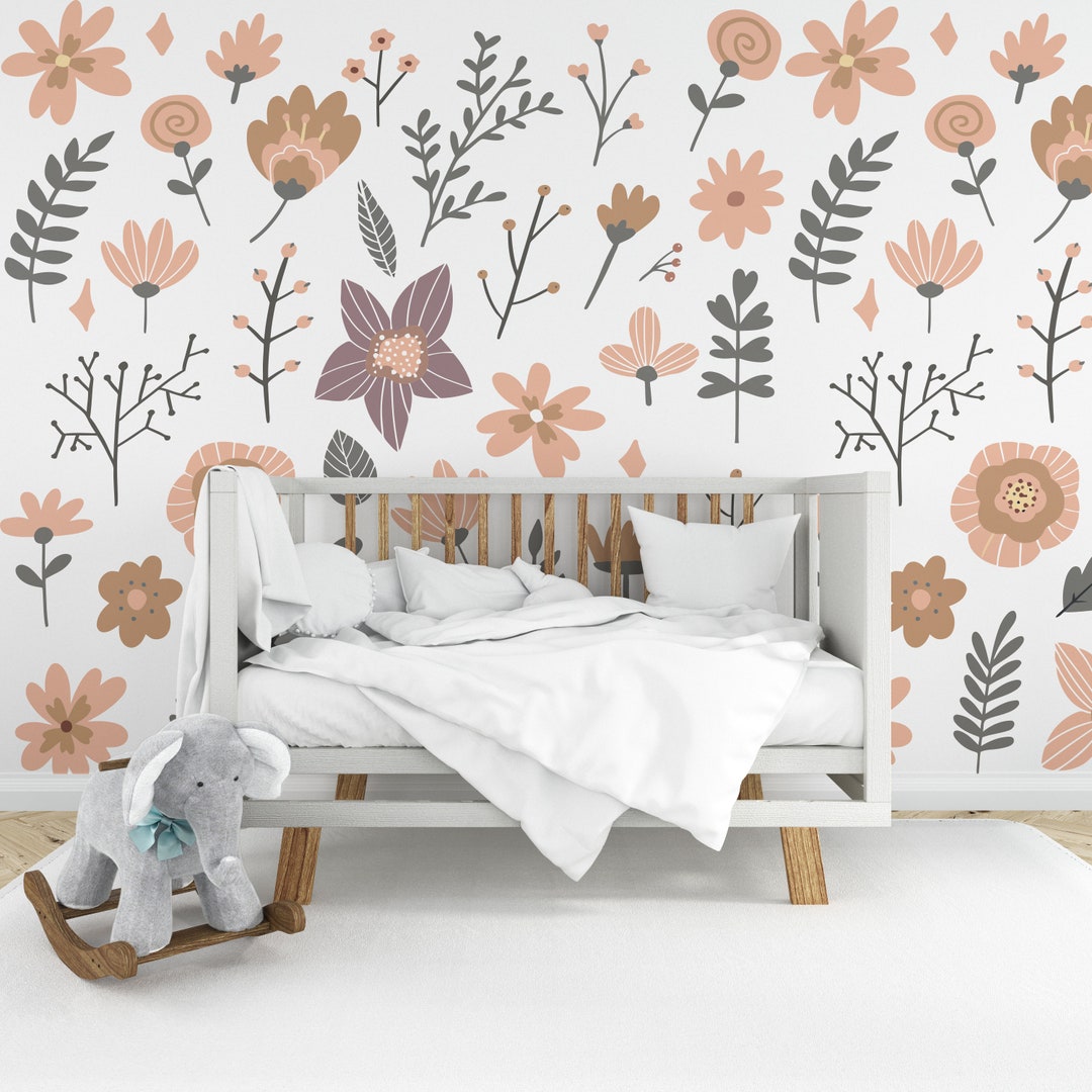 Floral Mural -spring Flower Mural Illustrated Vintage Retro Printed ...
