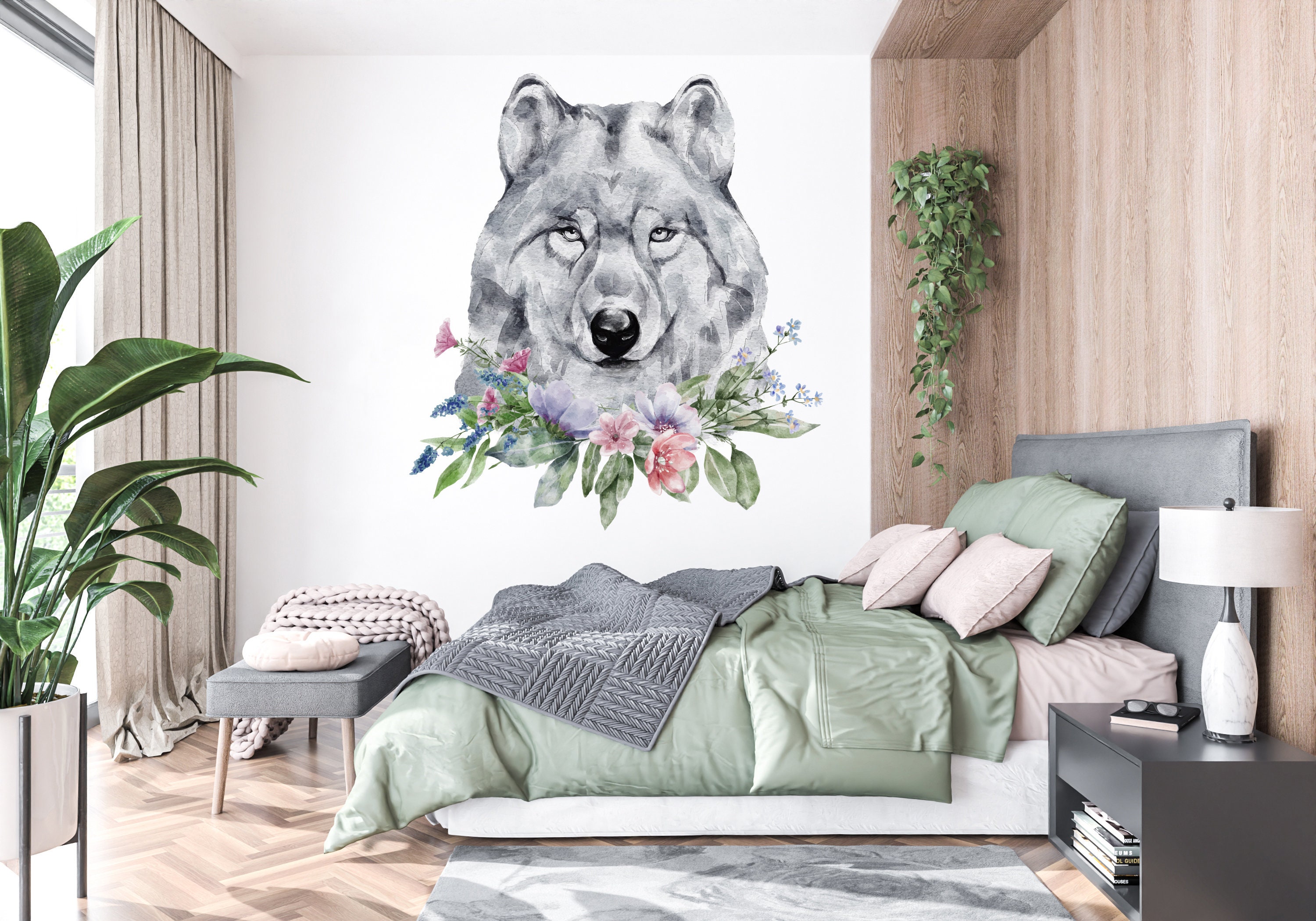 Wolf Wall Decal Wolf Flower Wall Art Wolf Head Wall Decor - Etsy