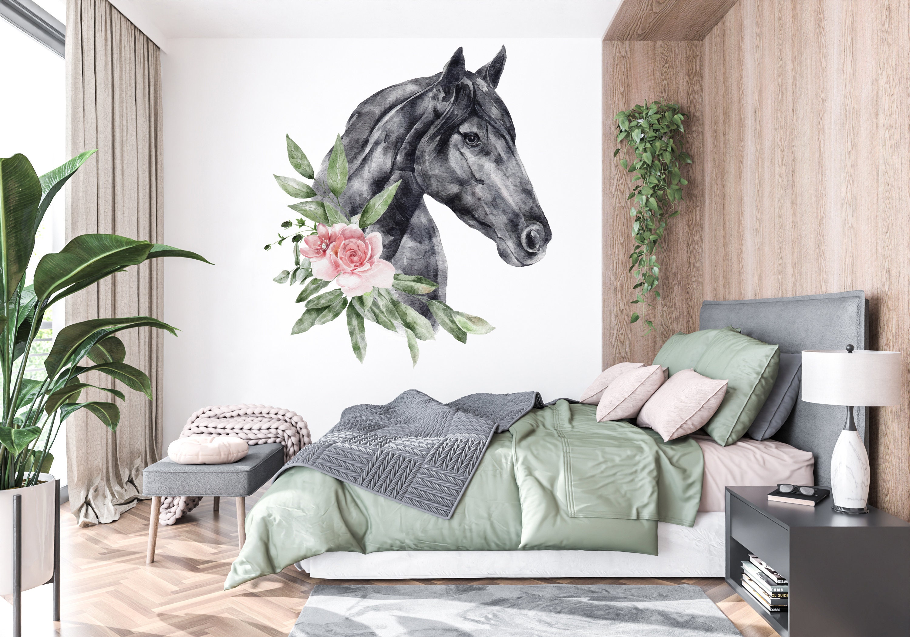 Horse Wall Decal Horse Flower Horse Wall Art Horse Head Wall - Etsy