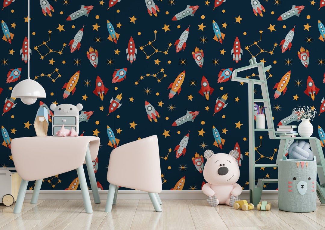 Rocket Outer Space Wallpaper Constellation Decals Planet Fabric ...