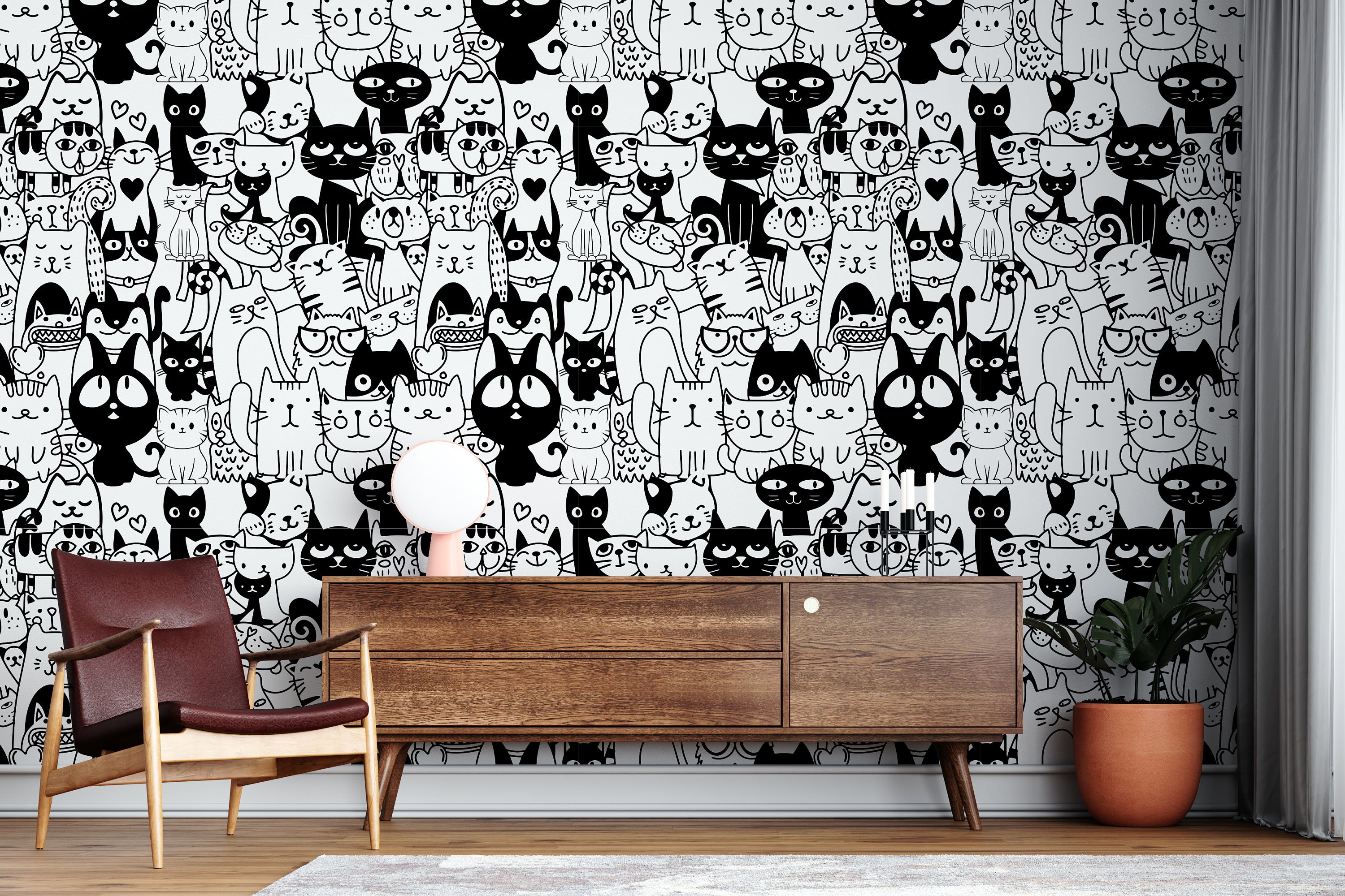 Cat Wallpaper Cute Cat Wallpaper Kitten Fabric Wallpaper Seamless Mid ...