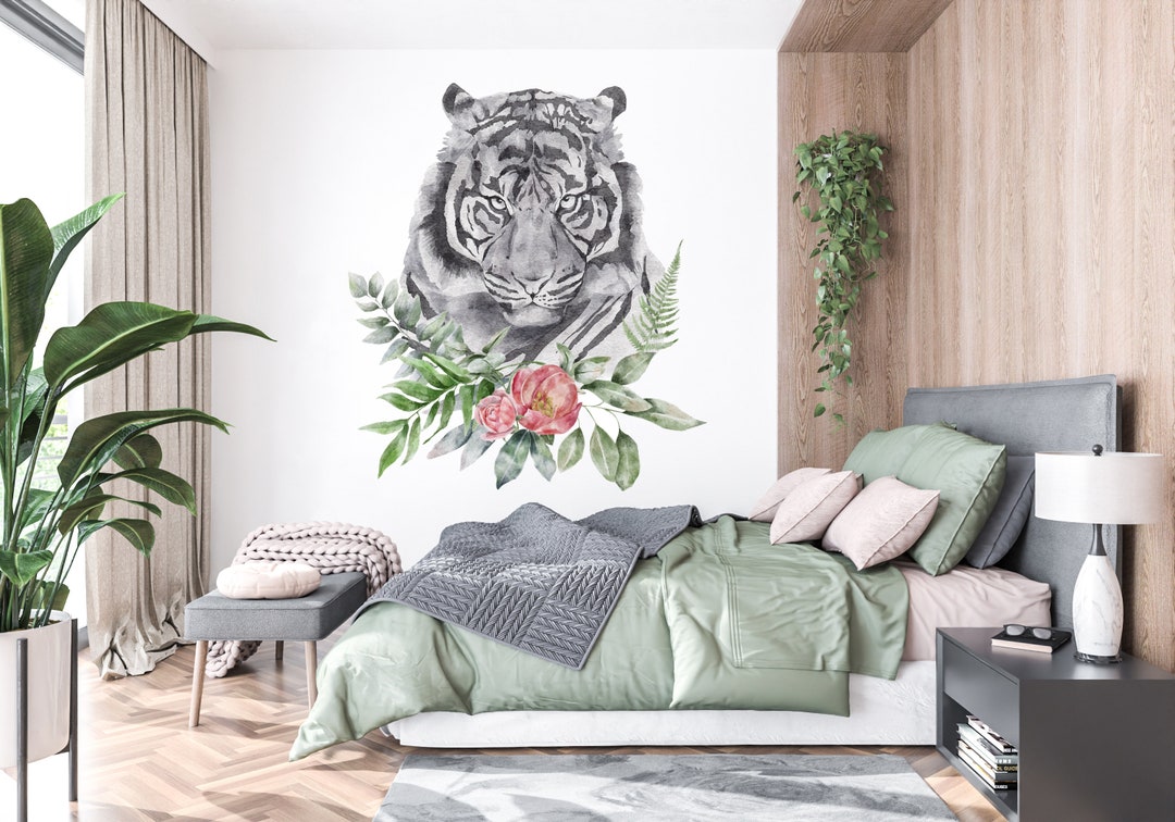 Tiger Wall Decal, Tiger Flower Wall Art, Tiger Head Wall Decor Tiger ...