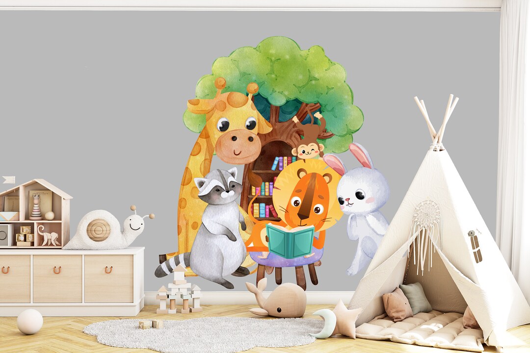 Book Animals Reading Kids Wall Decal Books Lion Giraffe Monkey Reading ...