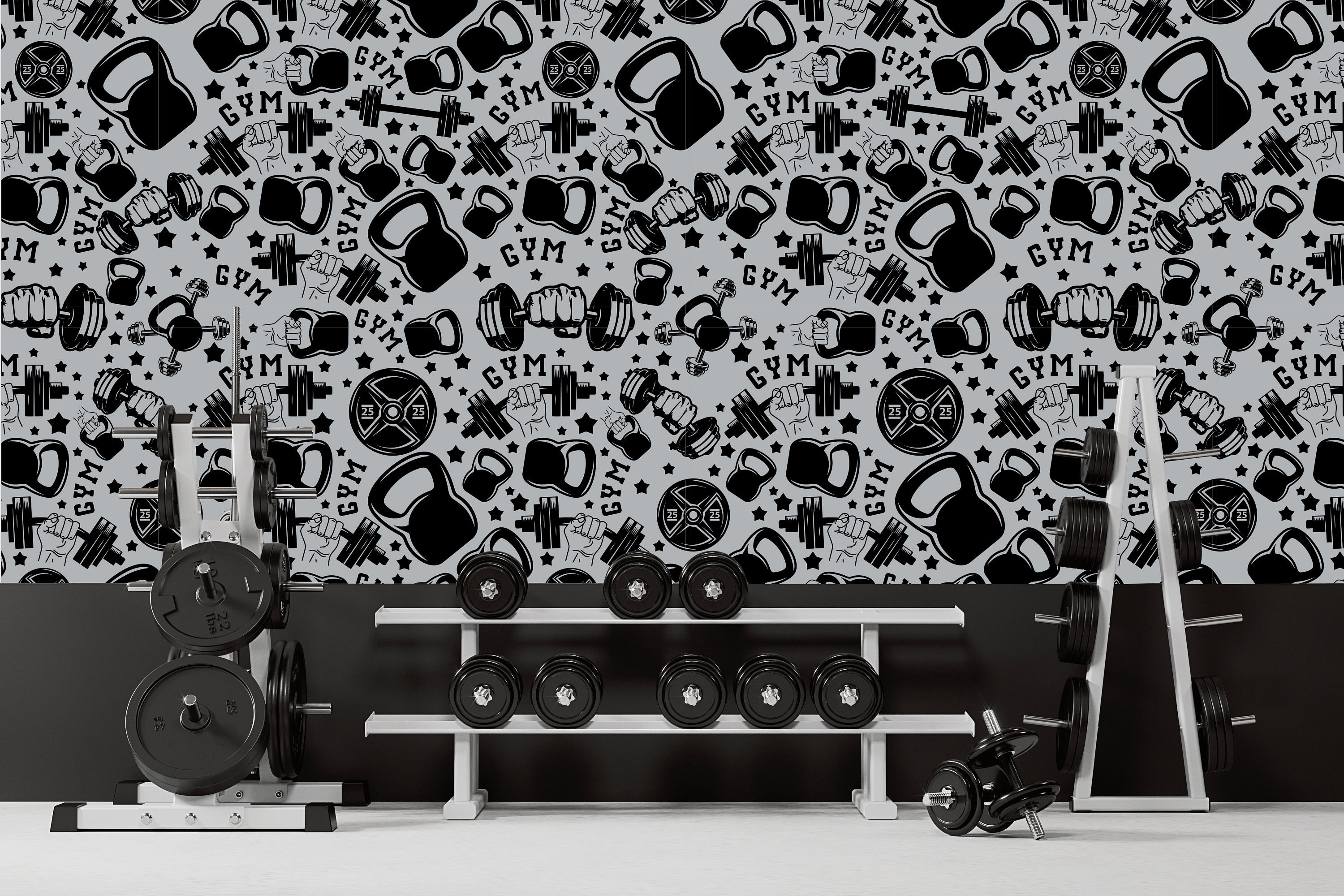 Gym Wallpaper Fitness Wall Art Fabric Wallpaper Seamless Mid Century ...