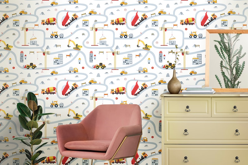 Construction Wallpaper Crane Fabric Kids Room Wallpaper Seamless Wall ...
