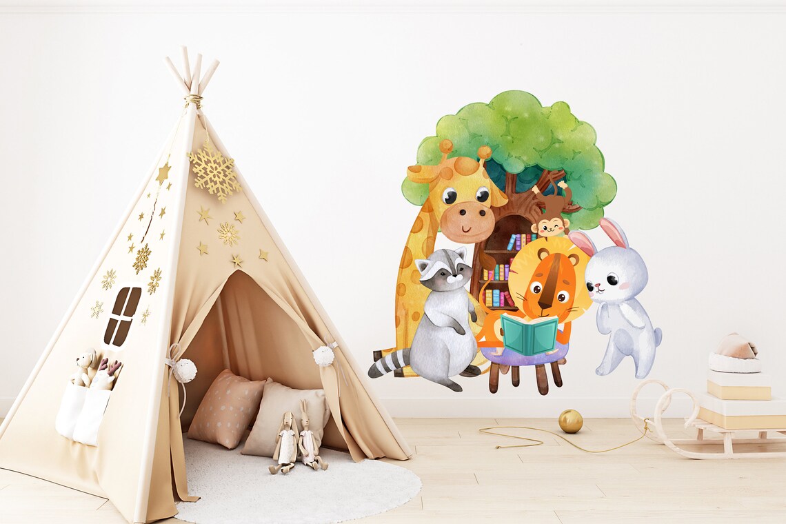 Book Animals Reading Kids Wall Decal Books Lion Giraffe Monkey - Etsy