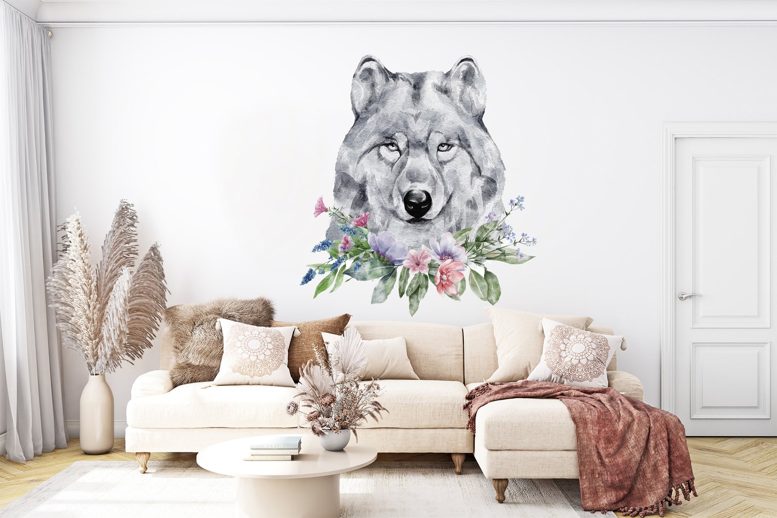 Wolf Wall Decal, Wolf Flower Wall Art, Wolf Head Wall Decor Wolf Wall ...