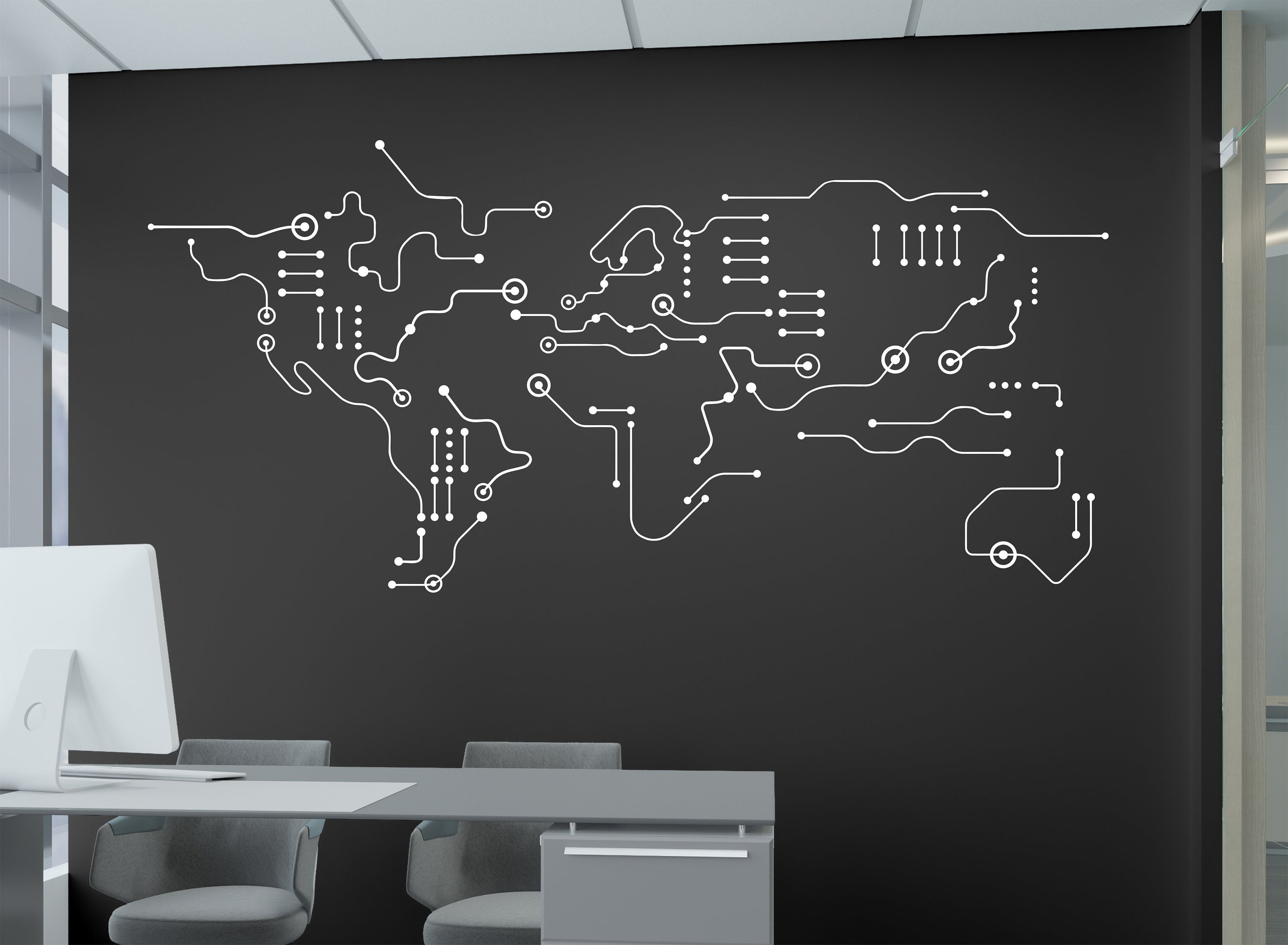 Circuit Board World Map Office Wall Art Decal, Technology Vinyl Wall ...