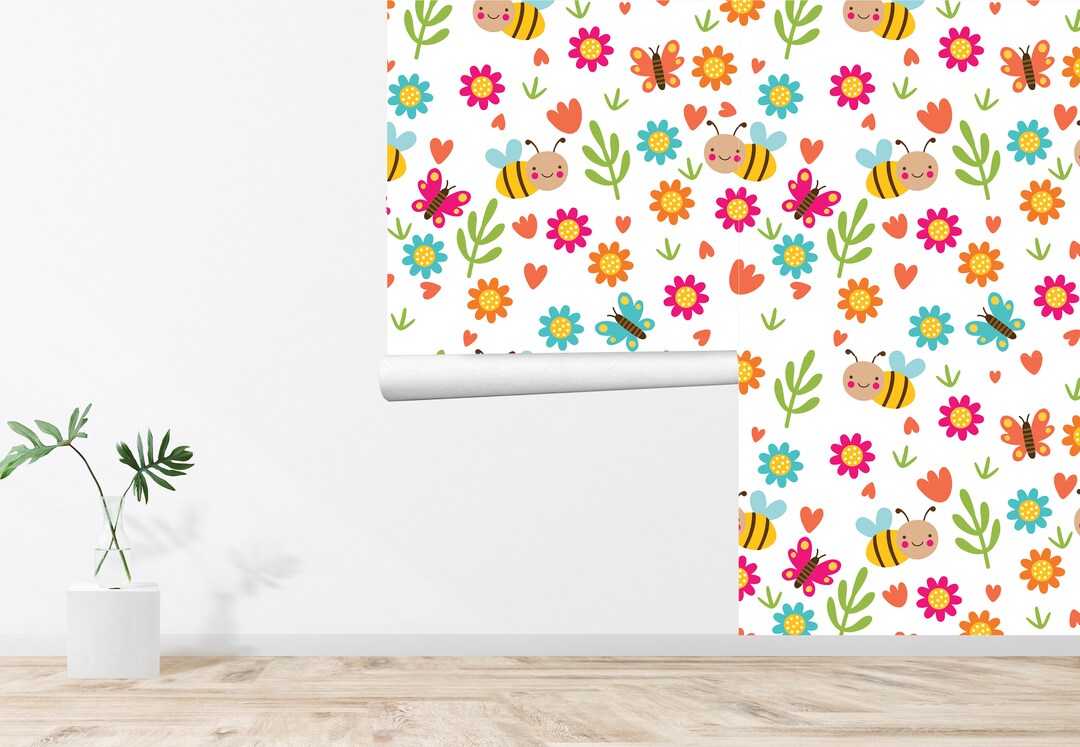 Spring Floral Wallpaper - Bees Flower Wallpaper Illustrated Bees Floral ...