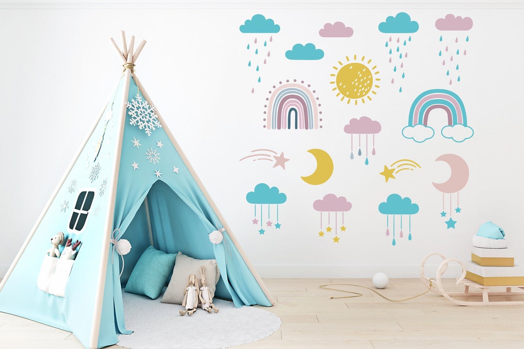 Sun and Rain Cloud Decal - Raindrop Wall Decals, Rainbow Wall Decor ...