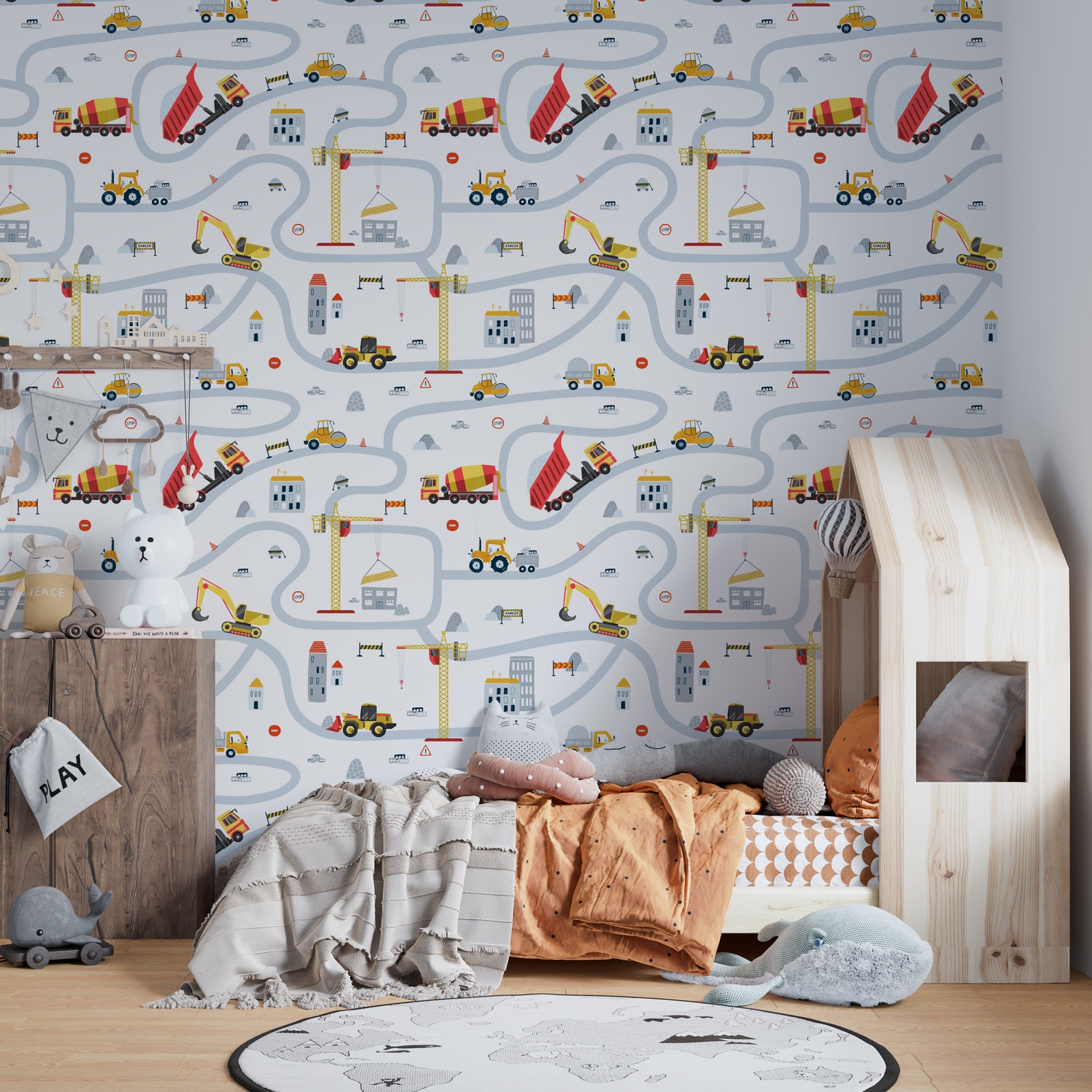 Construction Wallpaper Crane Fabric Kids Room Wallpaper Seamless Wall ...