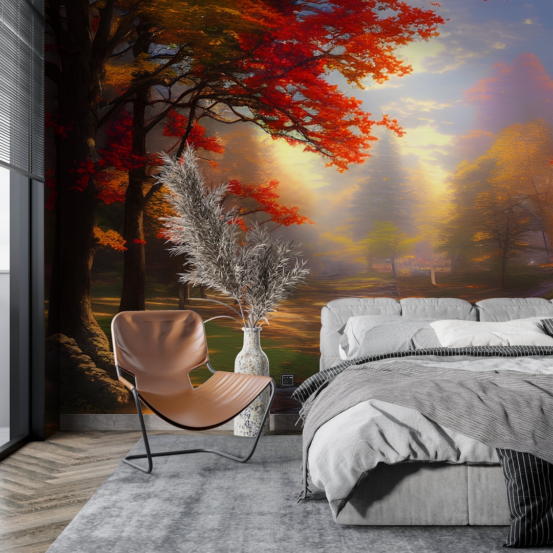 Autumn Forest Mountain Mural Wall Art - Mountain, Fall Forest Wall ...