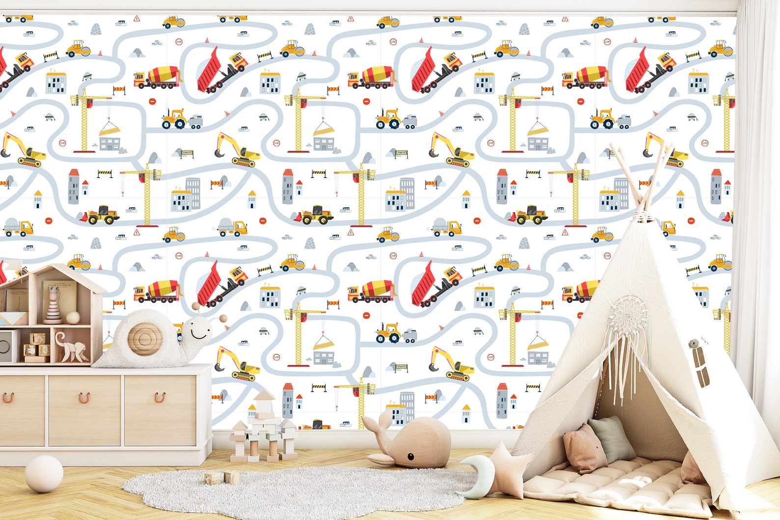 Construction Wallpaper Crane Fabric Kids Room Wallpaper Seamless Wall ...