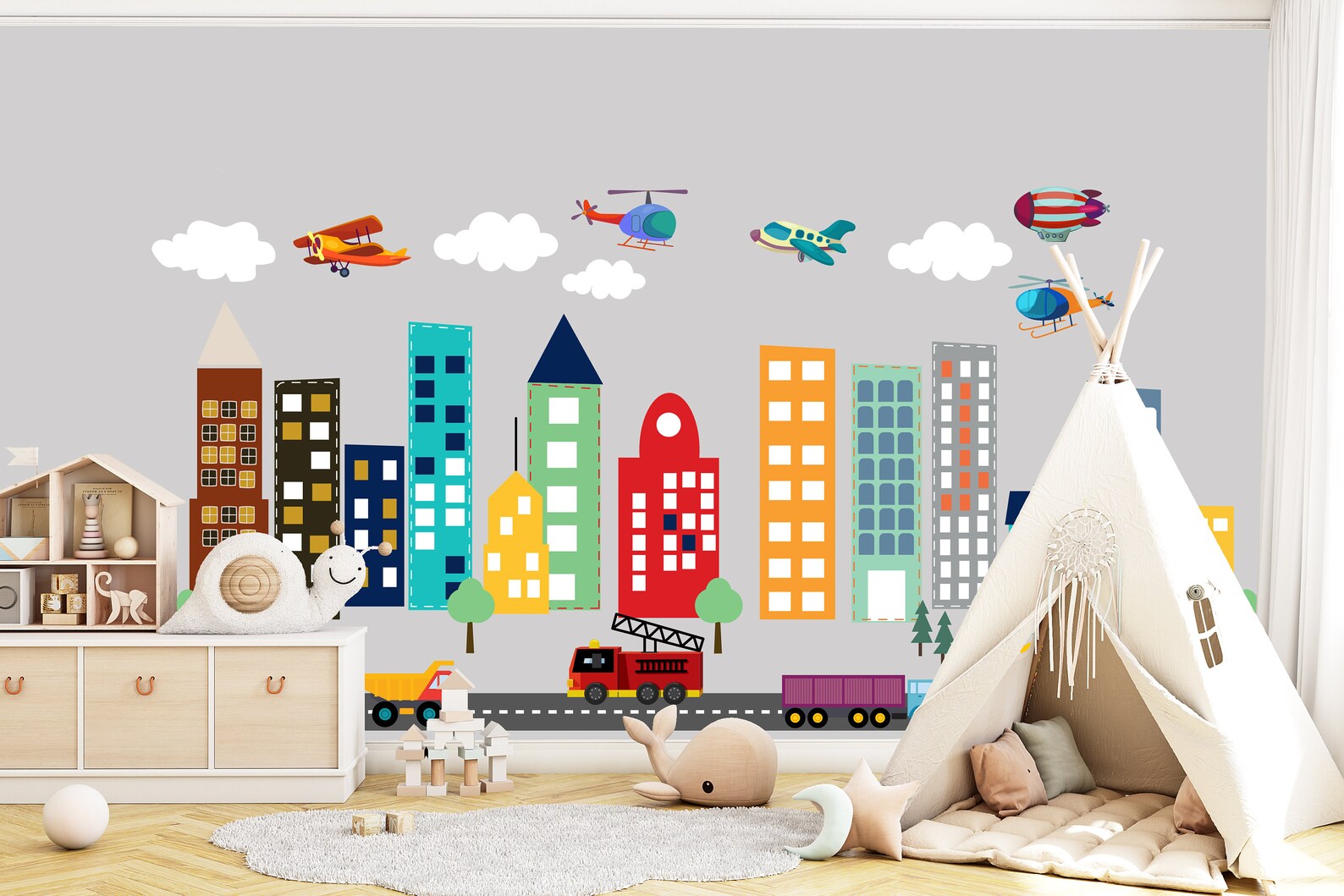 City Wall Decal – Colorful Skyline With Planes | Peel & Stick 1364EZ - Etsy