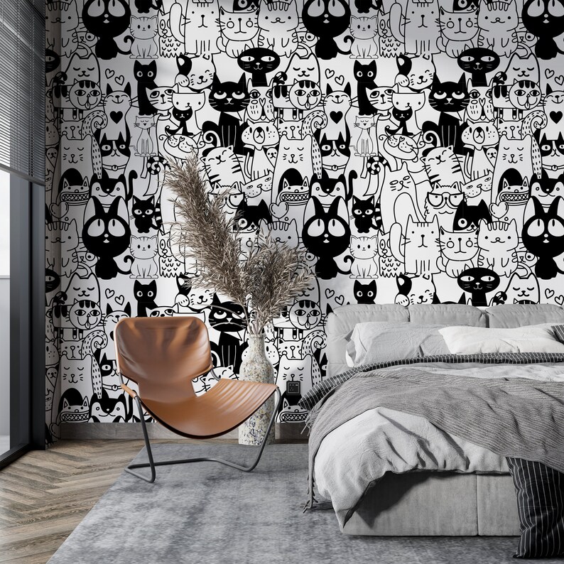 Cat Wallpaper Cute Cat Wallpaper Kitten Fabric Wallpaper Seamless Mid ...