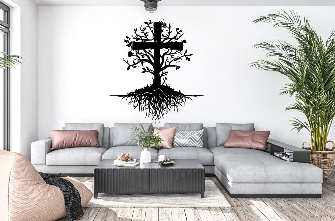 Cross Tree Wall Decal, Rooted Cross Tree Art, Tree of Life Tree Wall ...