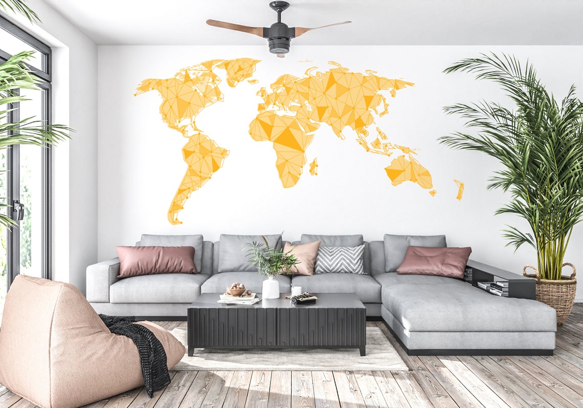World Map Sign Polygonal Office Wall Art World Map Wall | Etsy