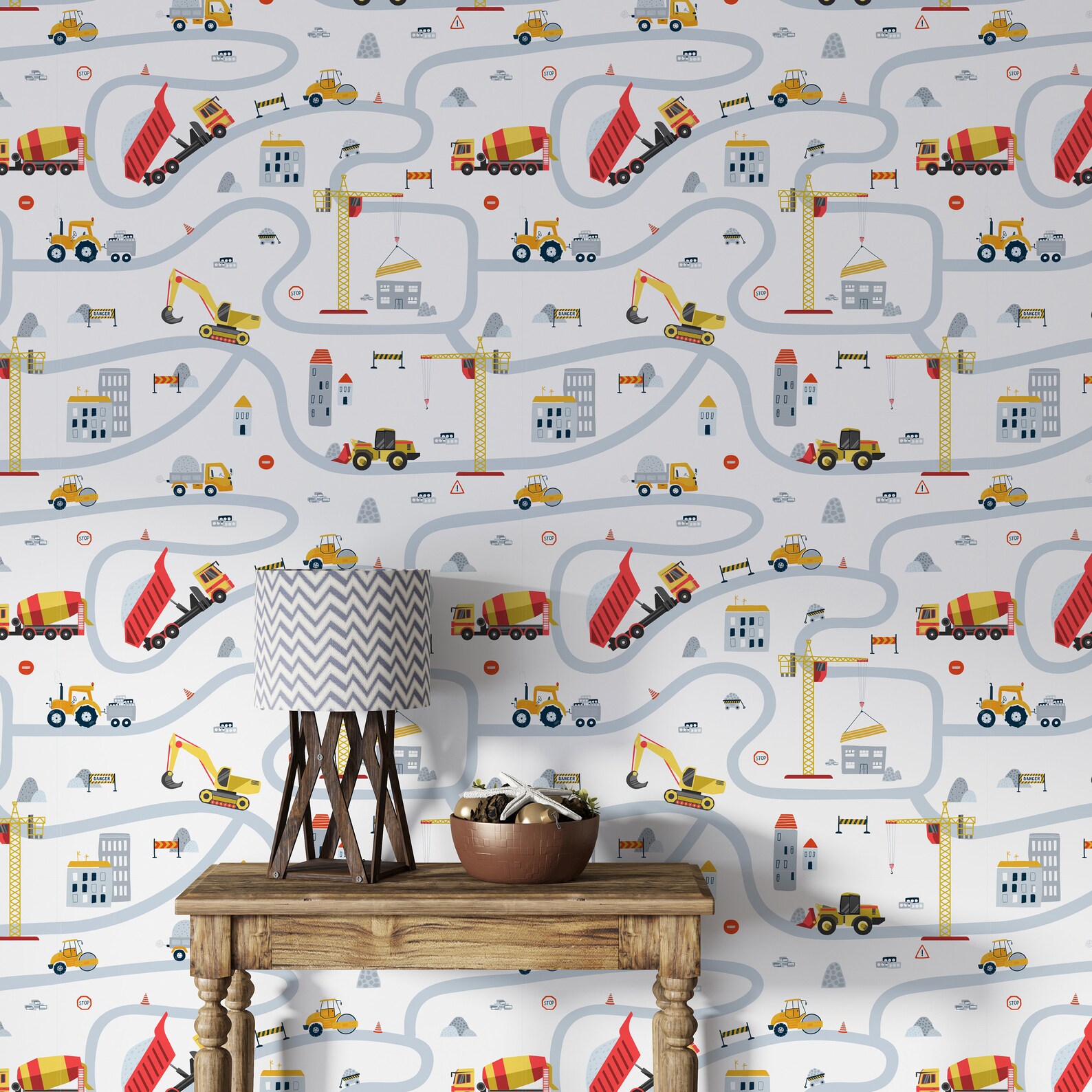 Construction Wallpaper Crane Fabric Kids Room Wallpaper Seamless Wall ...