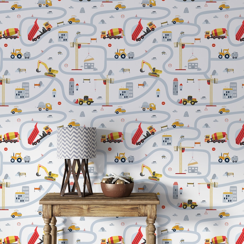 Construction Wallpaper Crane Fabric Kids Room Wallpaper Seamless Wall ...