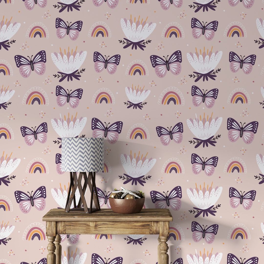 Rainbow Wallpaper Modern Butterflies Wallpaper Kids Room Wallpaper ...