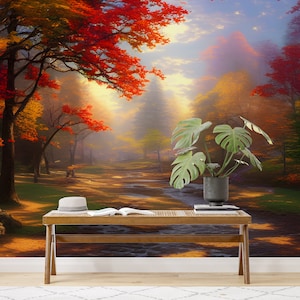 Autumn Forest Mountain Mural Wall Art - Mountain, Fall Forest Wall ...