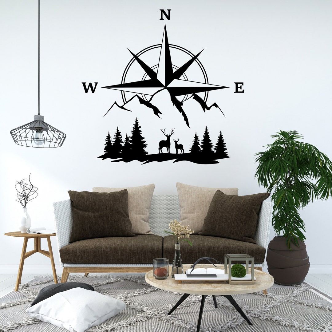 Compass Mountain Deer Wall Art Decal, Compass Nautical Travel Wall ...
