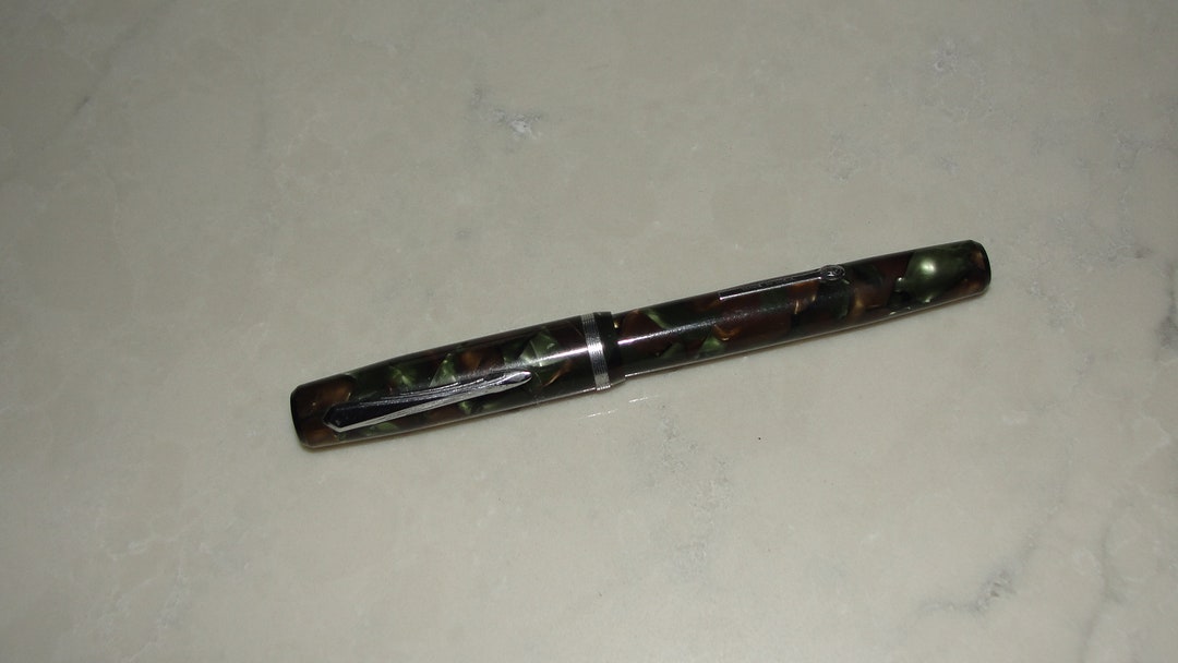C. 1930's "inkograph" Stylographic Pen in Marbled Gold, Green & Brown ...