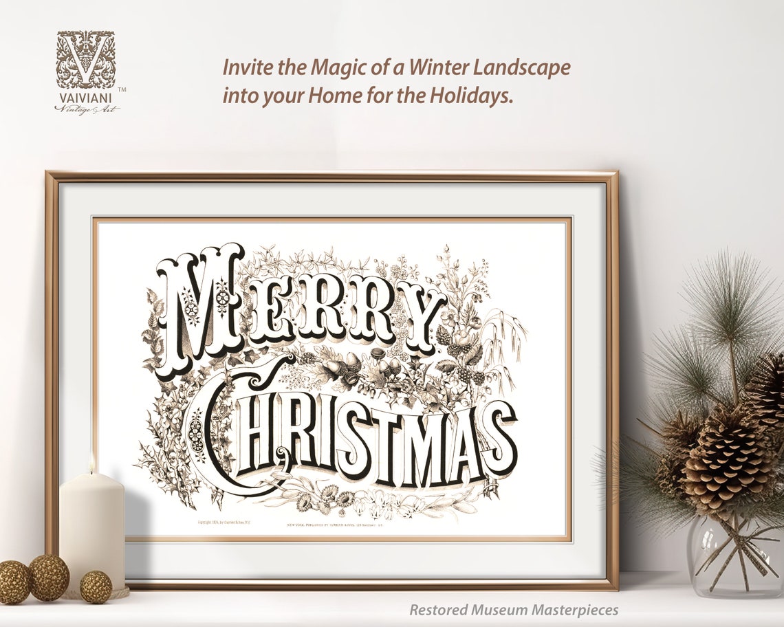 Vintage Merry Christmas Sign Printable Wall Art Antique Print Decor Retro Holiday Greeting ...