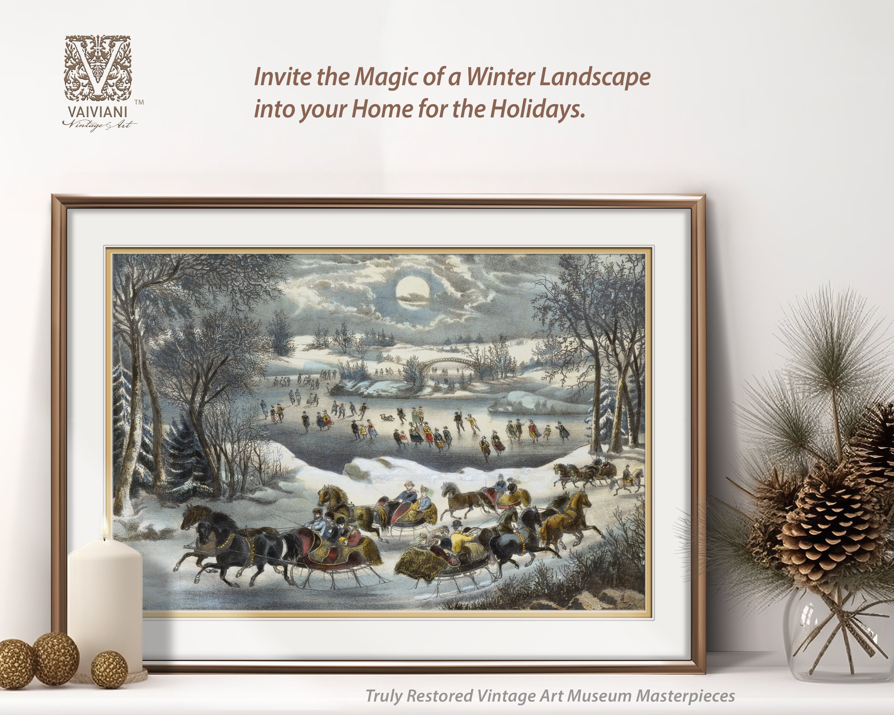 Vintage Winter Sleigh Ride Painting Print Christmas Decor Holiday Wall ...