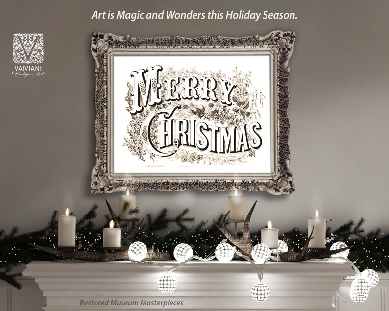 Vintage Merry Christmas Sign Printable Wall Art Antique Print Decor Retro Holiday Greeting ...