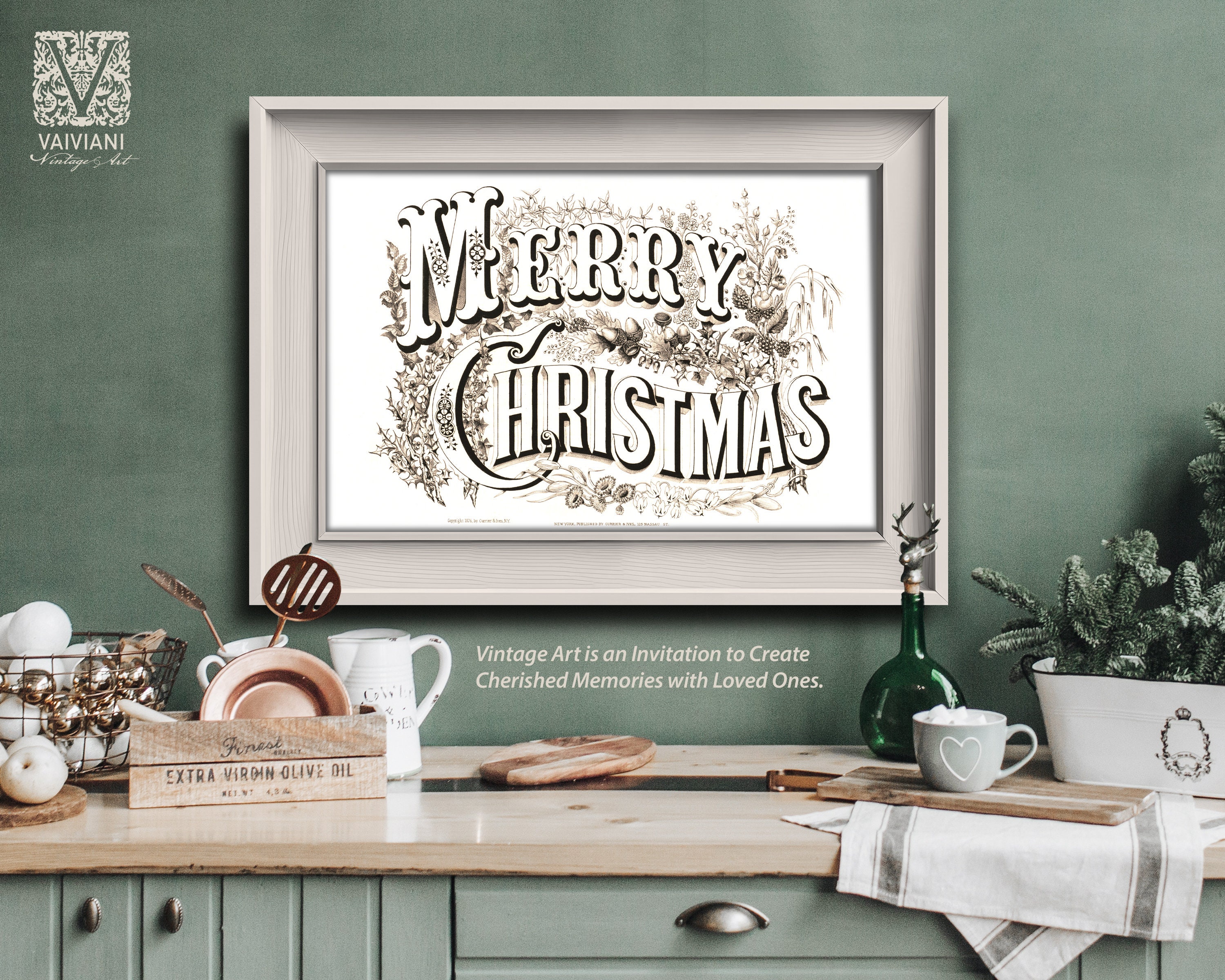 Vintage Merry Christmas Sign Printable Wall Art Antique Print Decor Retro Holiday Greeting ...