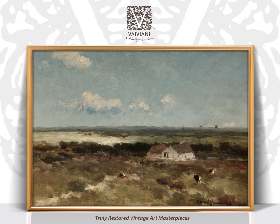 Horizon Landscape Print Vintage Cloud Antique Oil Painting Cottage ...