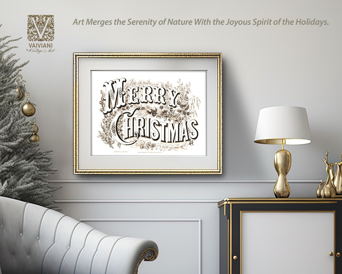 Vintage Merry Christmas Sign Printable Wall Art Antique Print Decor Retro Holiday Greeting ...