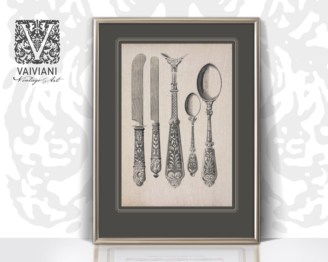 Vintage Silverware Etching Print: Sepia Kitchenware Wall Art (digital ...