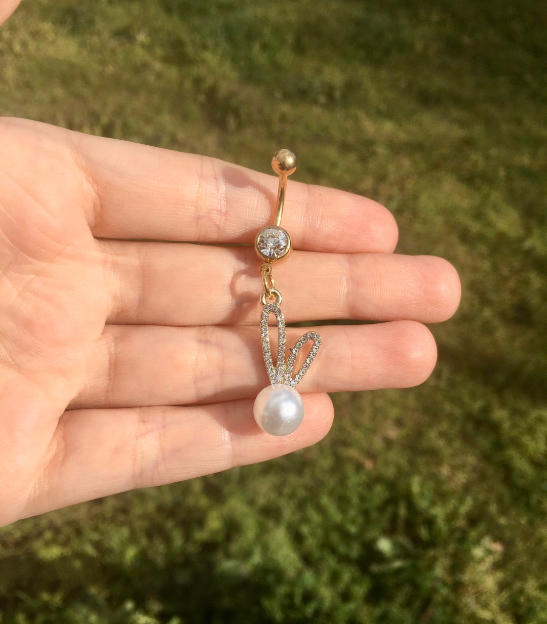 Crystal Bunny Ears & Pearl Belly Button Ring - Etsy