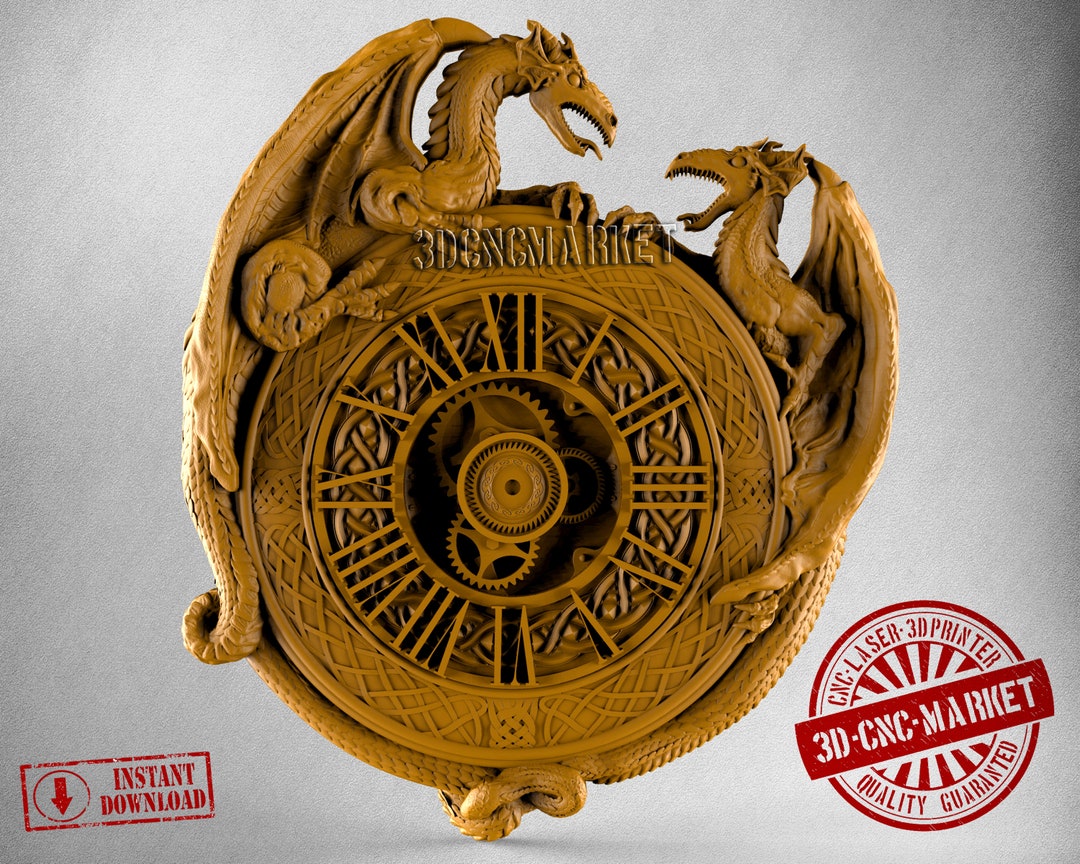 Dragons Clock, 3D Stl Model 6002, for CNC Router Engraver, Carving ...